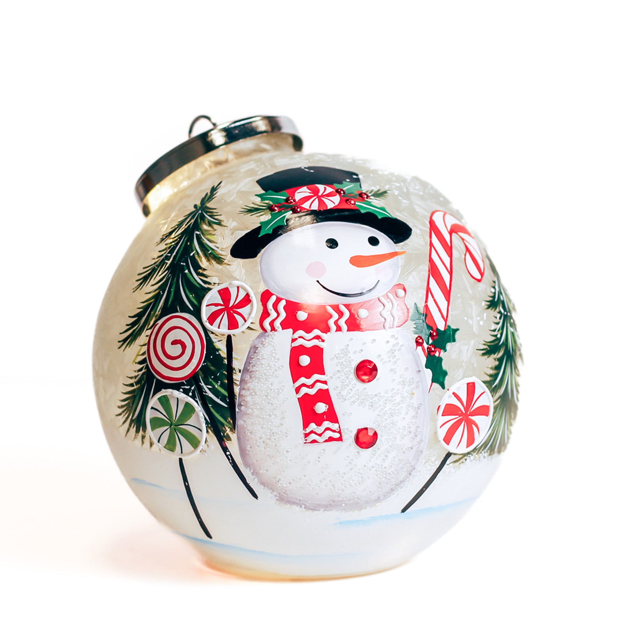 Candy Cane Snowman Crackle Glass Ornament | A Cheerful Giver